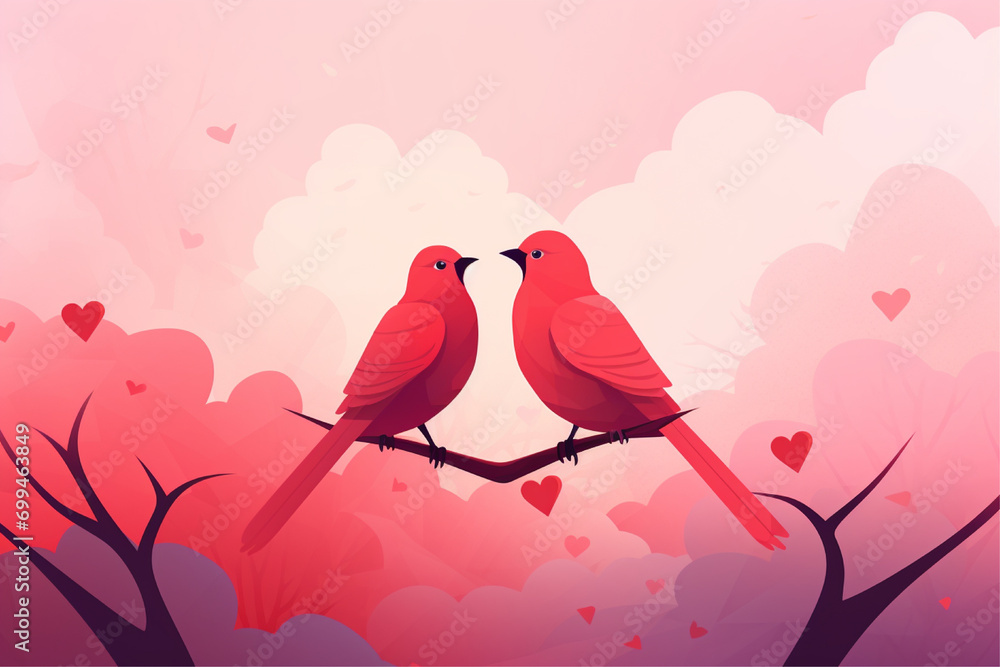 love birds love heart pink background red sky and clouds vector ...