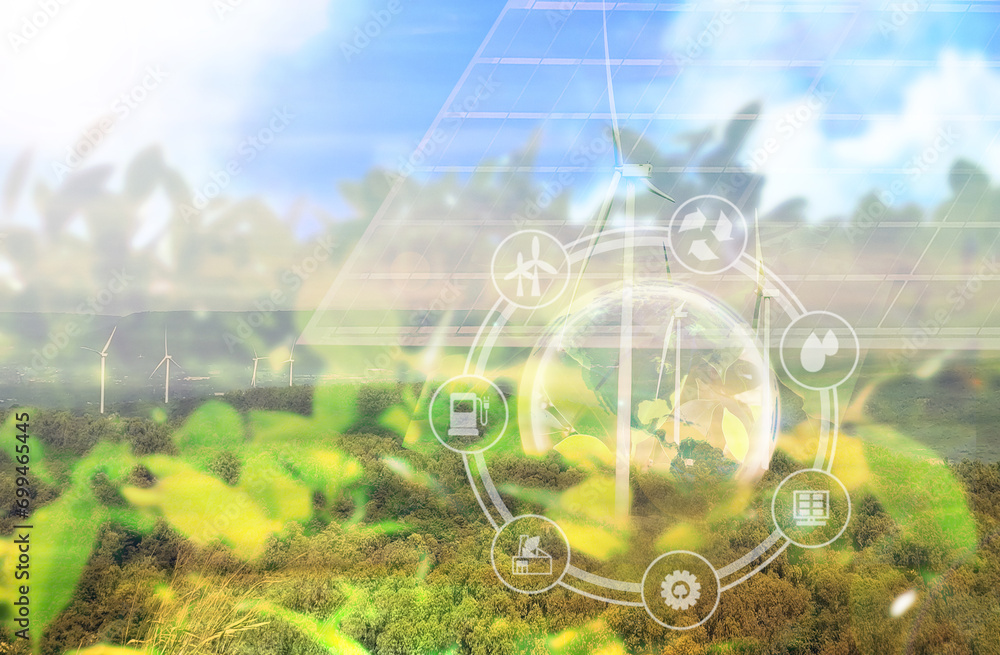 Crystal ball on leaf and wind turbine blurred, solar cell background ...