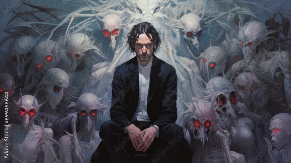 "dramatic scene of contemplation and isolation - man amidst skeletal ...