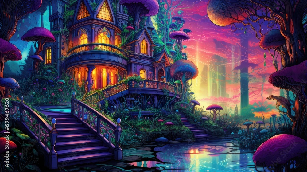 magical house with illuminated windows in a mystical world. digital ...
