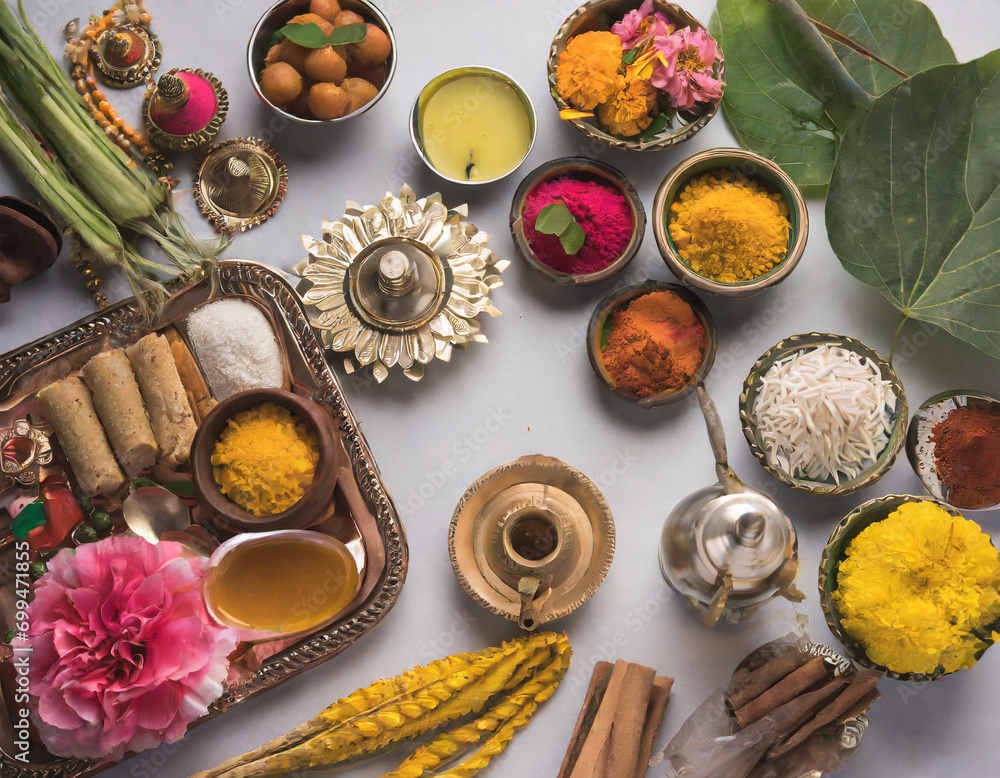 pooja material puja sahitya in hindu religion from india, arranged in a ...