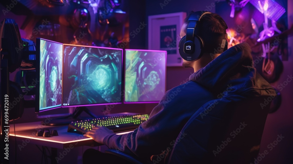 A handsome gamer guy gaming on his pc computer console with keyboard ...
