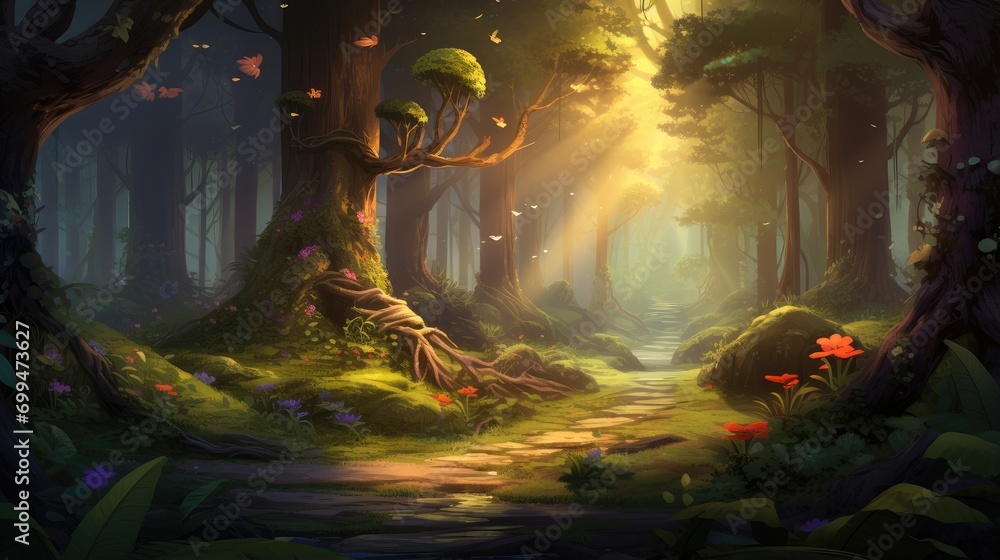 enchanted forest scenery with mystical sunrays. magical woodland ...