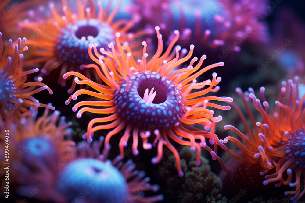 Macro exploration of vibrant coral polyps underwater, revealing the ...