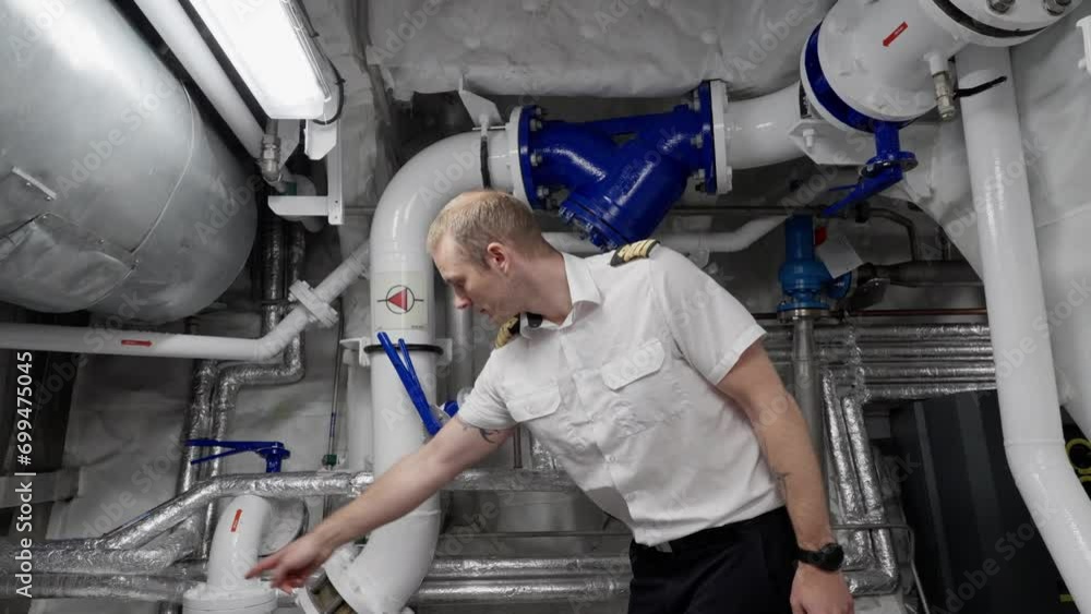 Captain show piping for ship`s fire fighting system, sprinkler and ...