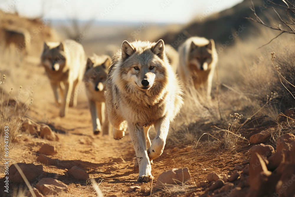 A series of images illustrating the pack hunting strategy of coyotes ...