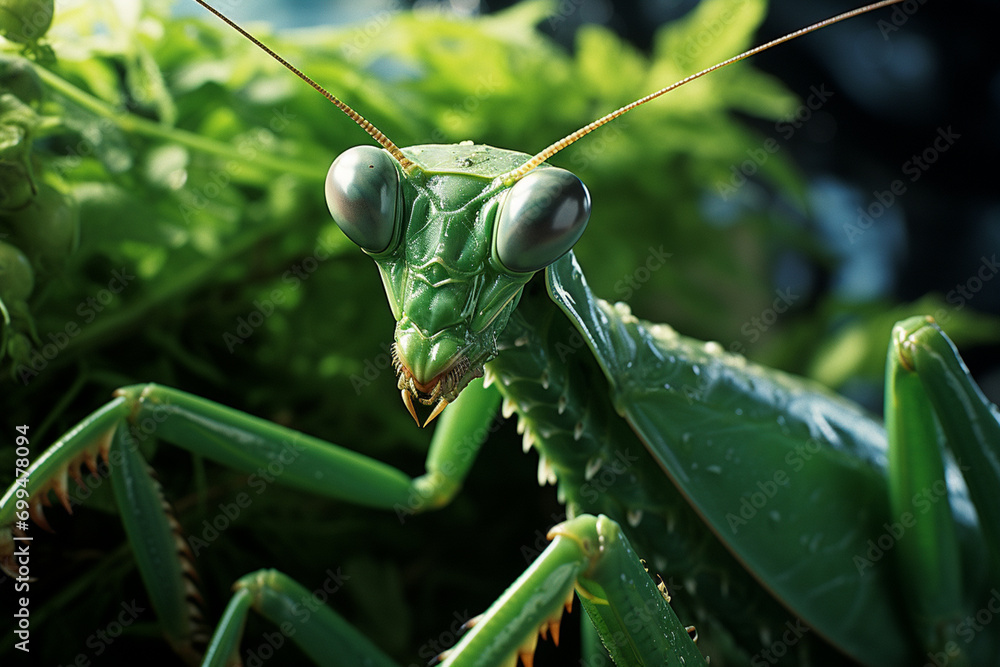 A close-up view of a praying mantis in ambush mode, showcasing the ...