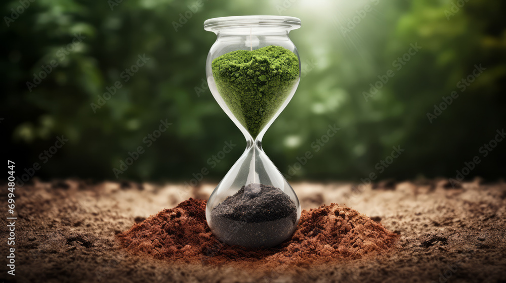 An hourglass with a green plant inside reflects the relentless ...