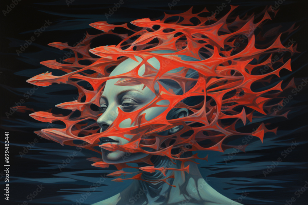 An abstract representation of a human form, with fish swimming in and ...