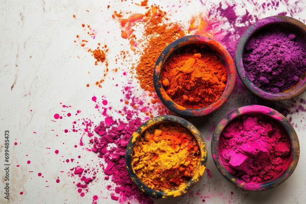 Top view of colorful traditional holi powder in bowls isolated on white ...