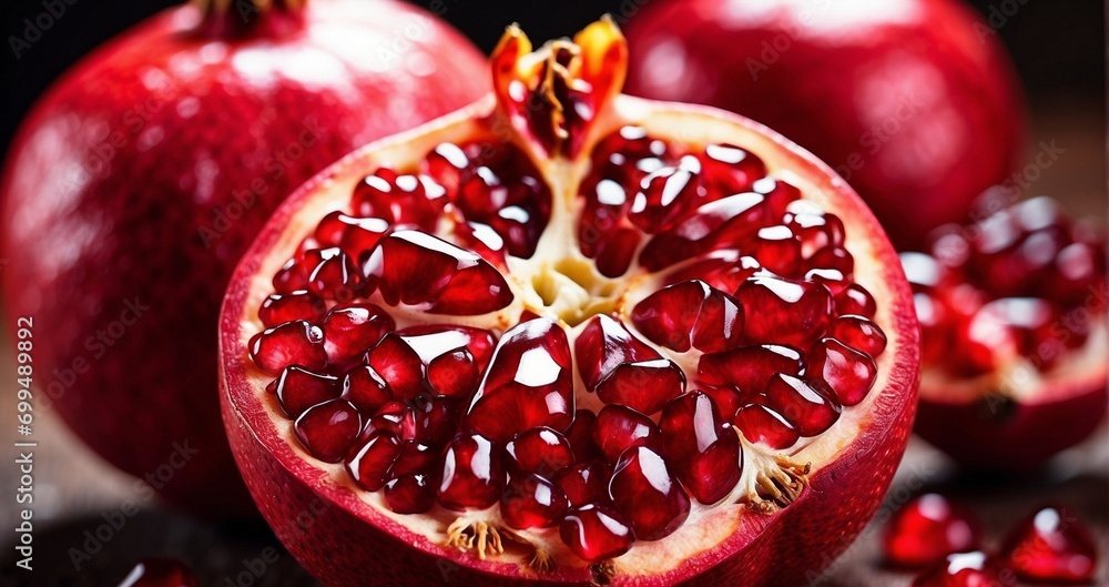 A close-up of a vibrant pomegranate, split open to expose the jewel ...