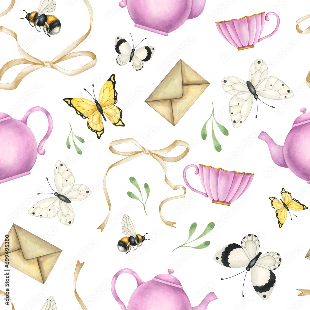 Watercolor seamless tea party pattern with vintage dishes. Delicate ...