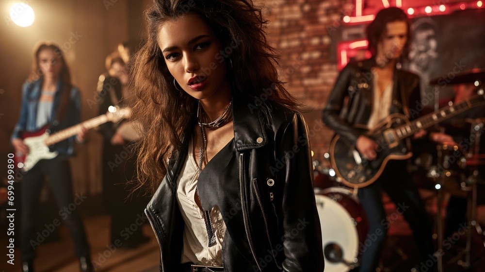 Dynamic rock band performance with a stylish female vocalist in a ...
