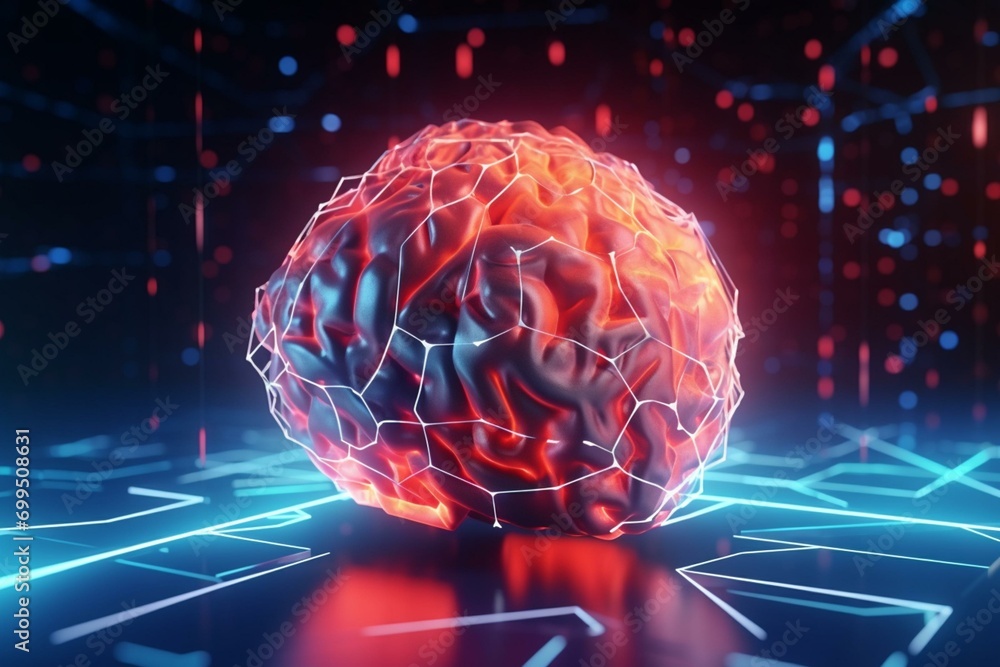 Rotating hologram of the brain on abstract geometric background with ...