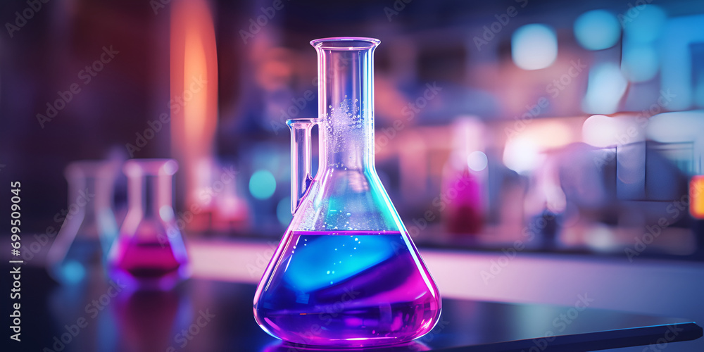 A purple chemical in the flask on the marble table background with blur ...