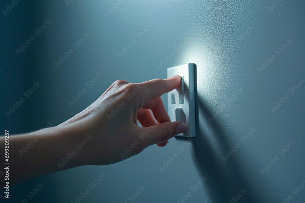 Woman's Hand Turning On/Off Bathroom Light Switch on Gray Wall Created ...