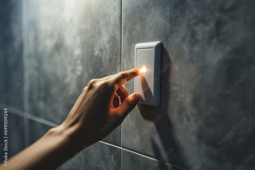 Woman's Hand Turning On/Off Bathroom Light Switch on Gray Wall Created ...