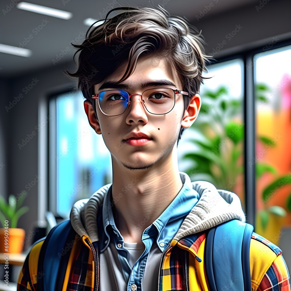 20yo，tall, handsome, The cute boy student character wearing a glass ...