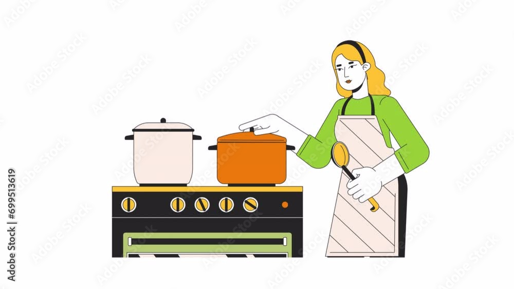 Caucasian woman putting lid on pot line 2D character animation. Cooking ...