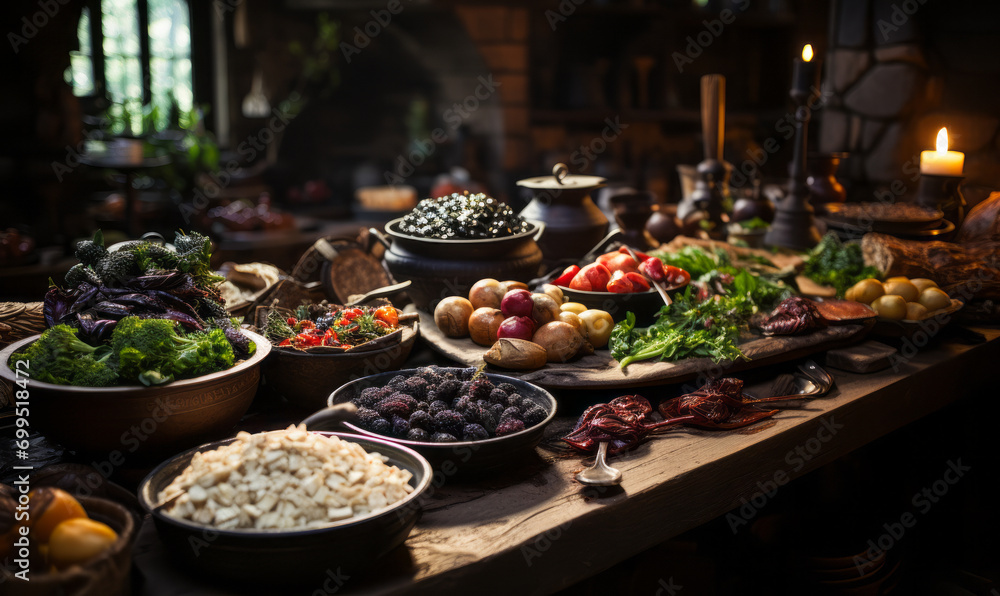 Rustic feast with an abundance of traditional dishes in an old-world ...