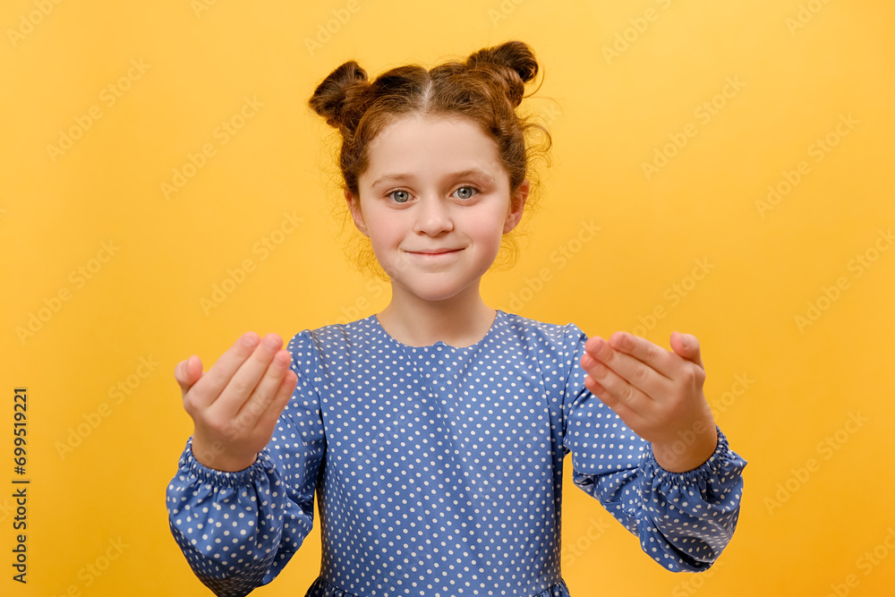 Portrait of cute little girl you come to me, come here, calling ...