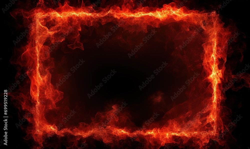 Empty frame with bright fire border, glowing burning flame signboard ...