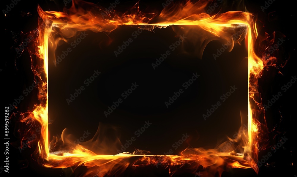 Empty frame with bright fire border, glowing burning flame signboard ...