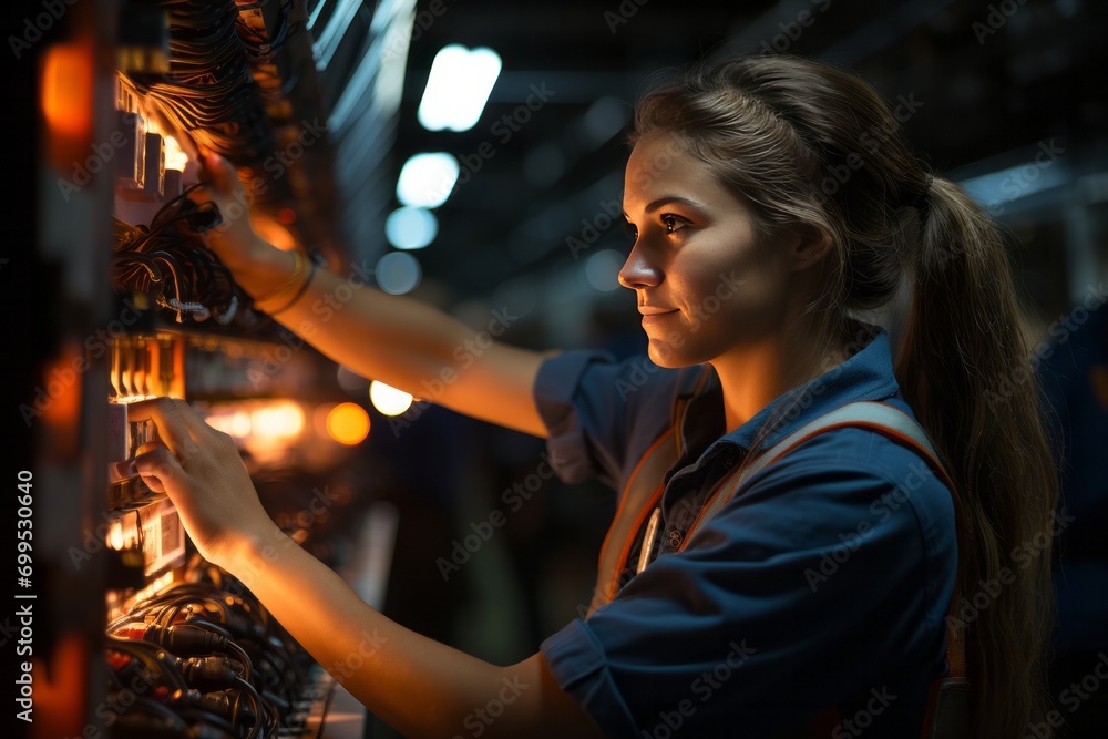 Confident electrician woman proudly standing next to a completed and ...