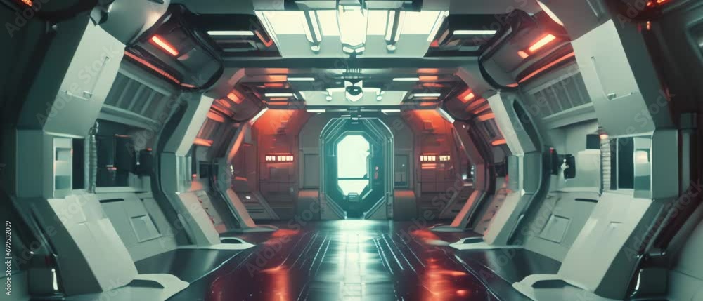 Sci-fi hangar door with flickering led lights and corridor in a spaceship futuristic design ...