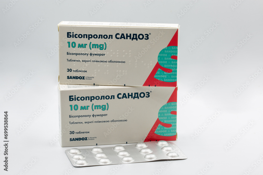 Bisoprolol fumarate tablets by Sandoz closeup on white. Stock Photo ...