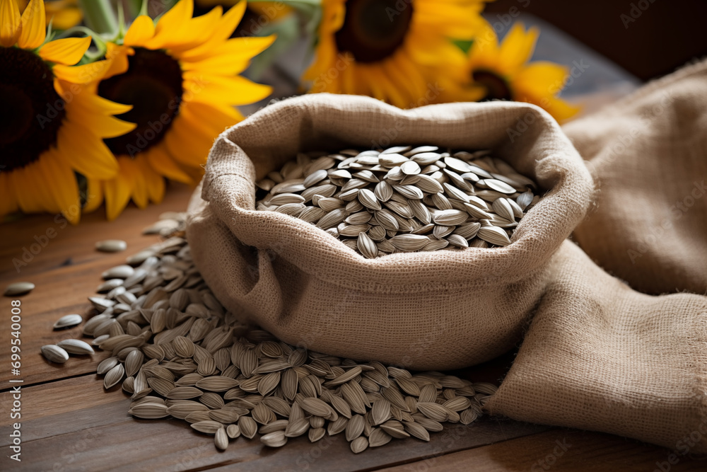Rustic burlap sack overflowing with raw sunflower seeds, set against a ...