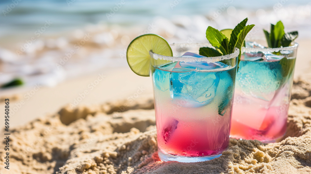 Holiday banner: two cocktail glasses on beach. Travel vacation on beach ...