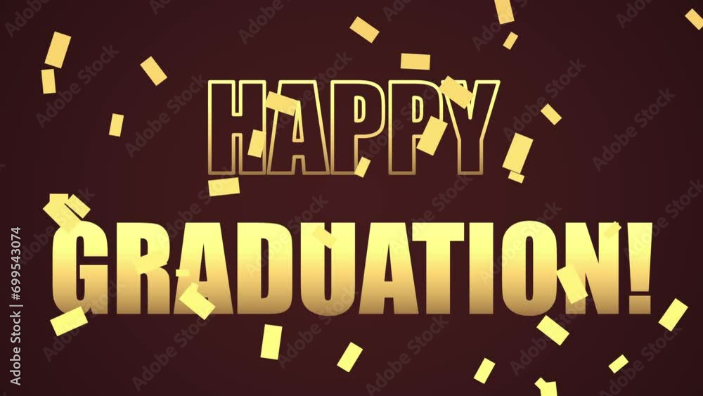 Animated „Happy Graduation!“ text appearing in gold on screen. Golden ...