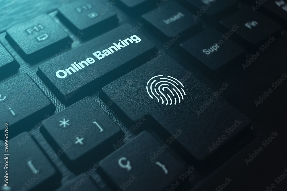 PC keyboard with online banking concept on button and fingerprint scan ...