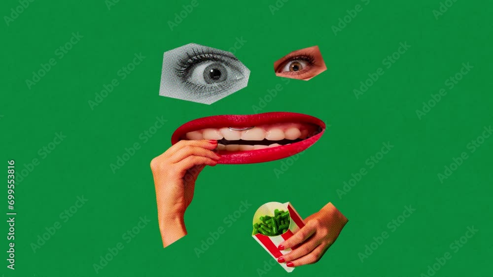 Healthy snack. Woman eating green beans instead popcorn over green ...