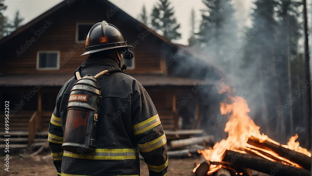Firefighter in uniform and helmet on burning log cabin house background ...