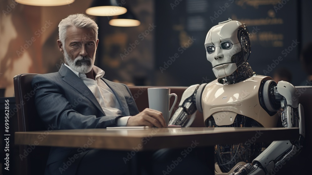 Job interview with robot. Man talking to robot. Businessman sitting ...
