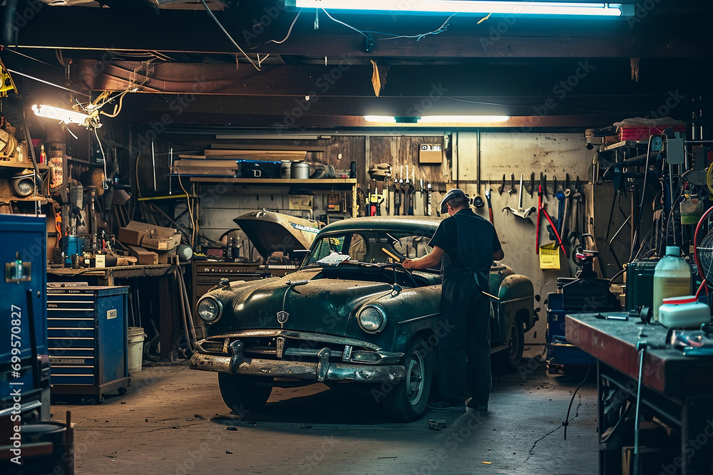 Mechanic working in a garage, vintage cars, tools in hand, greasy ...