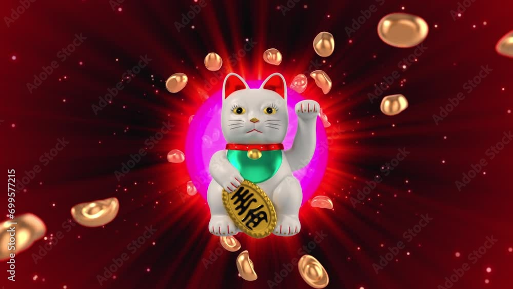 White lucky cat statue waving hand looping 3d animation rendering ...