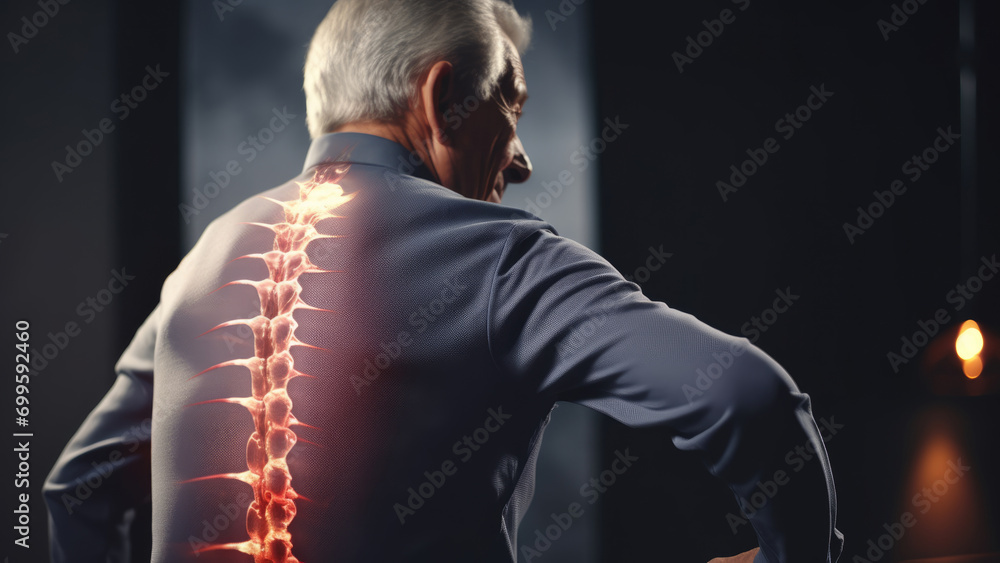 Back pain animation augmented reality. an elderly man experiencing ...