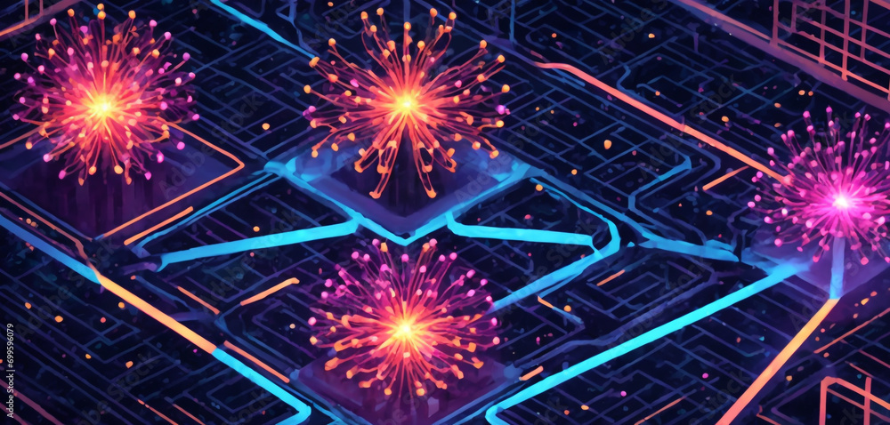 This image features a complex network of interconnected nodes and lines ...