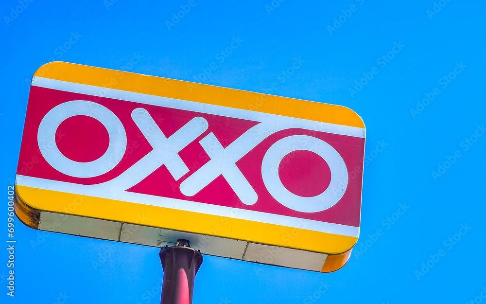 Oxxo supermarket logo blue cloudy sky Puerto Escondido Mexico. Stock ...