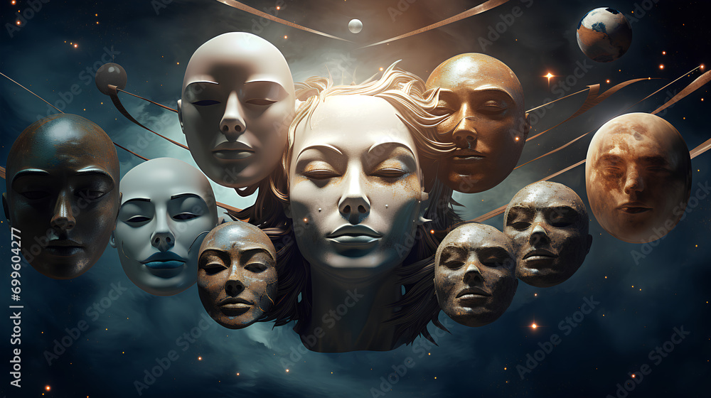 Surrealism - faces in masks floating in space surrounded by planets and ...