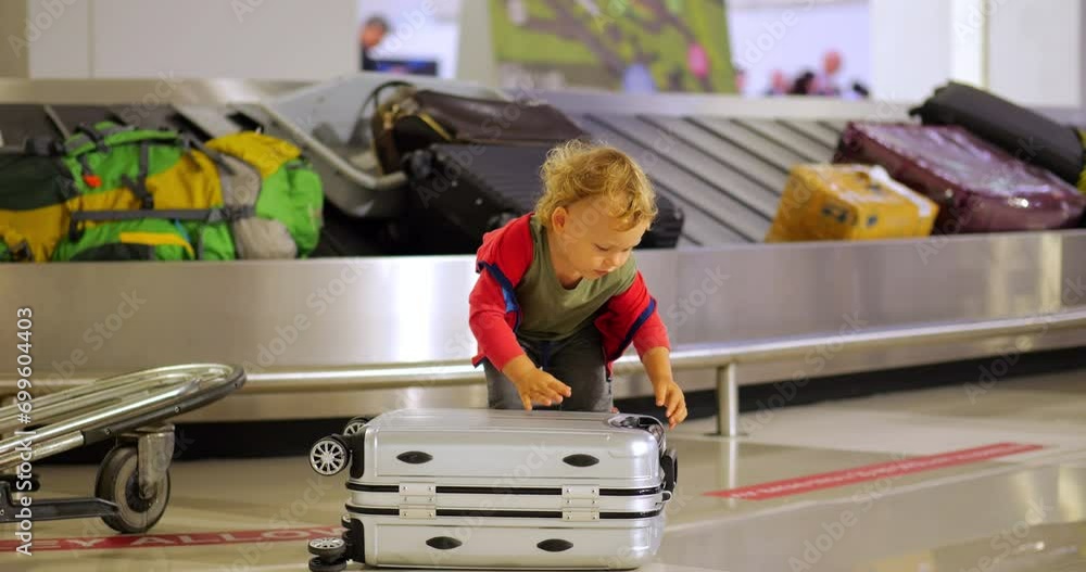 Video Stock Little boy is trying to lift suitcase lying on floor. Small ...