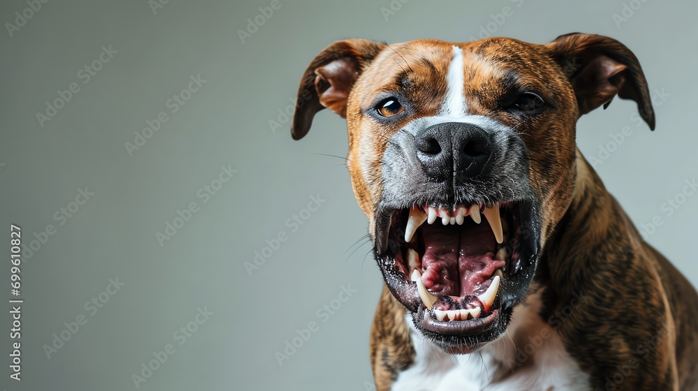 Angry dog snarling at the camera. Aggressive dog shows dangerous teeth ...