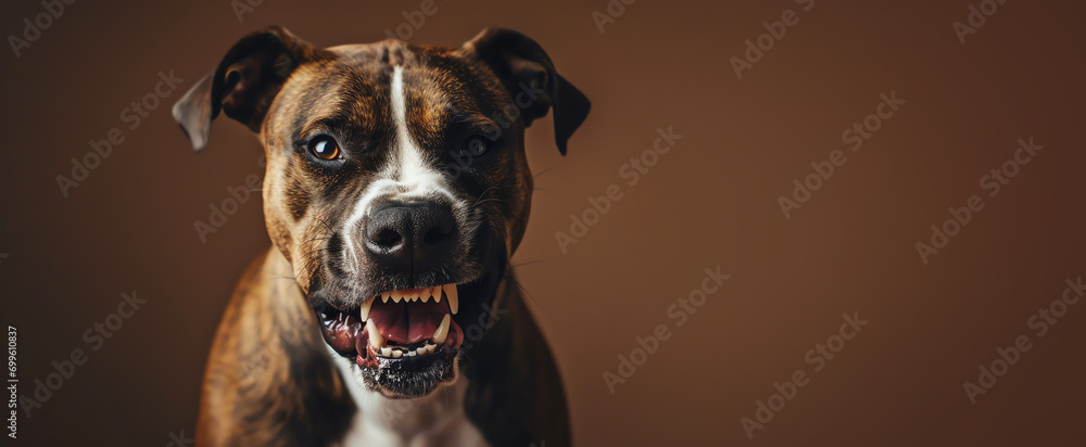 Angry dog snarling at the camera. Aggressive dog shows dangerous teeth ...