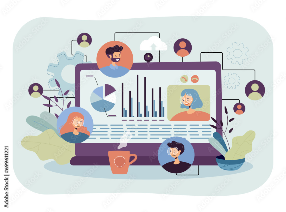 Laptop with people having collaboration vector illustration. Diagrams ...