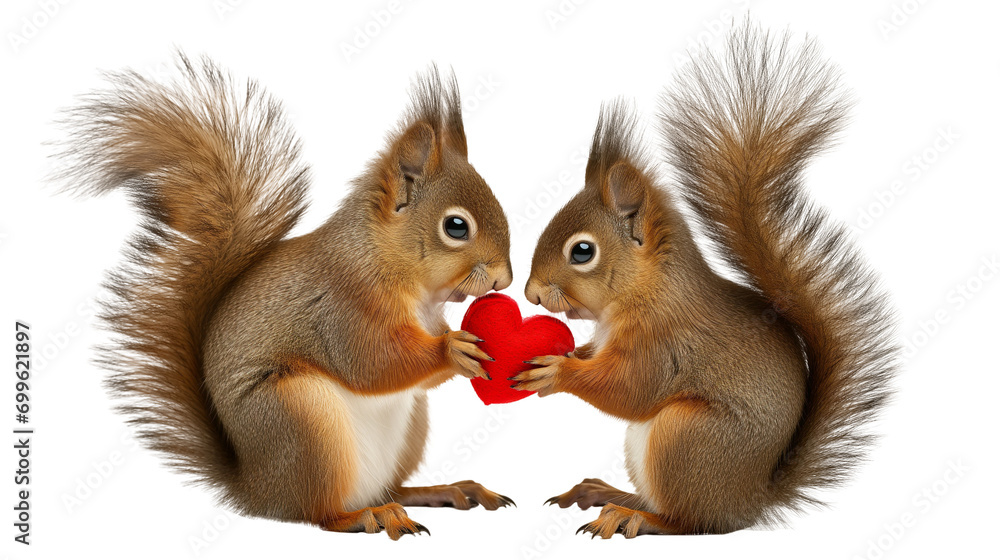 Two red squirrels holding a heart as a a symbol for love isolated on a ...