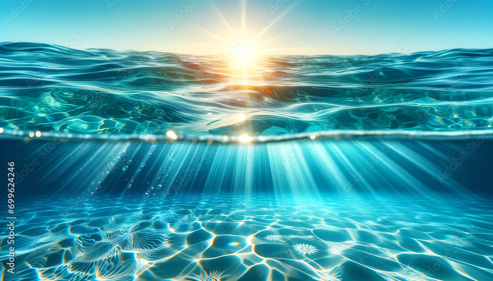 The reflective ocean surface with sparkling water textures at sunset is ...