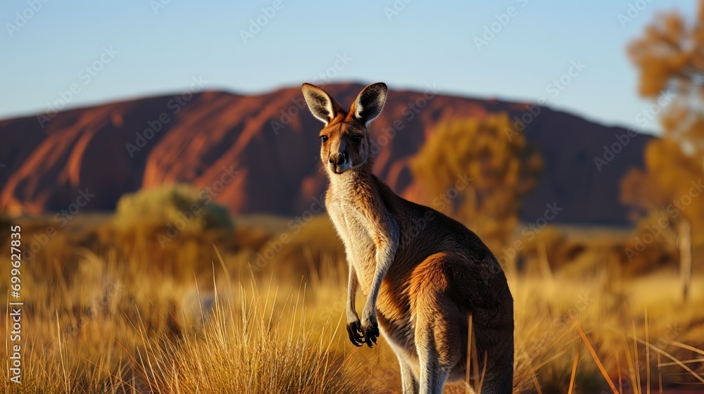 Australian kangaroo in red mountain of Uluru background. Australia day ...